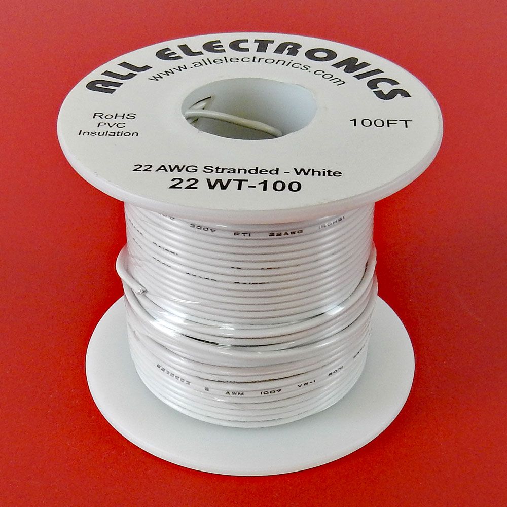22 GA. WHITE HOOK-UP WIRE, STRANDED 100' – Aretronics
