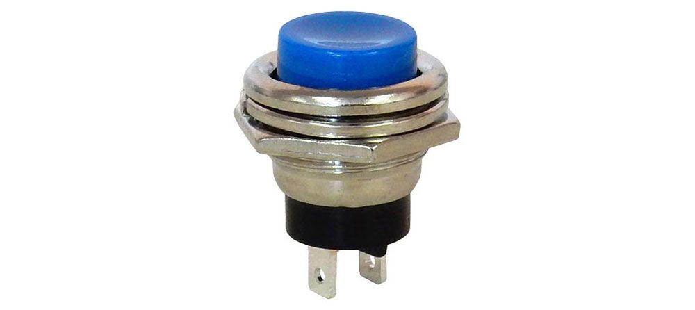 SPST PUSHBUTTON, N.O. CHROME BEZEL, BLUE BUTTON – Aretronics